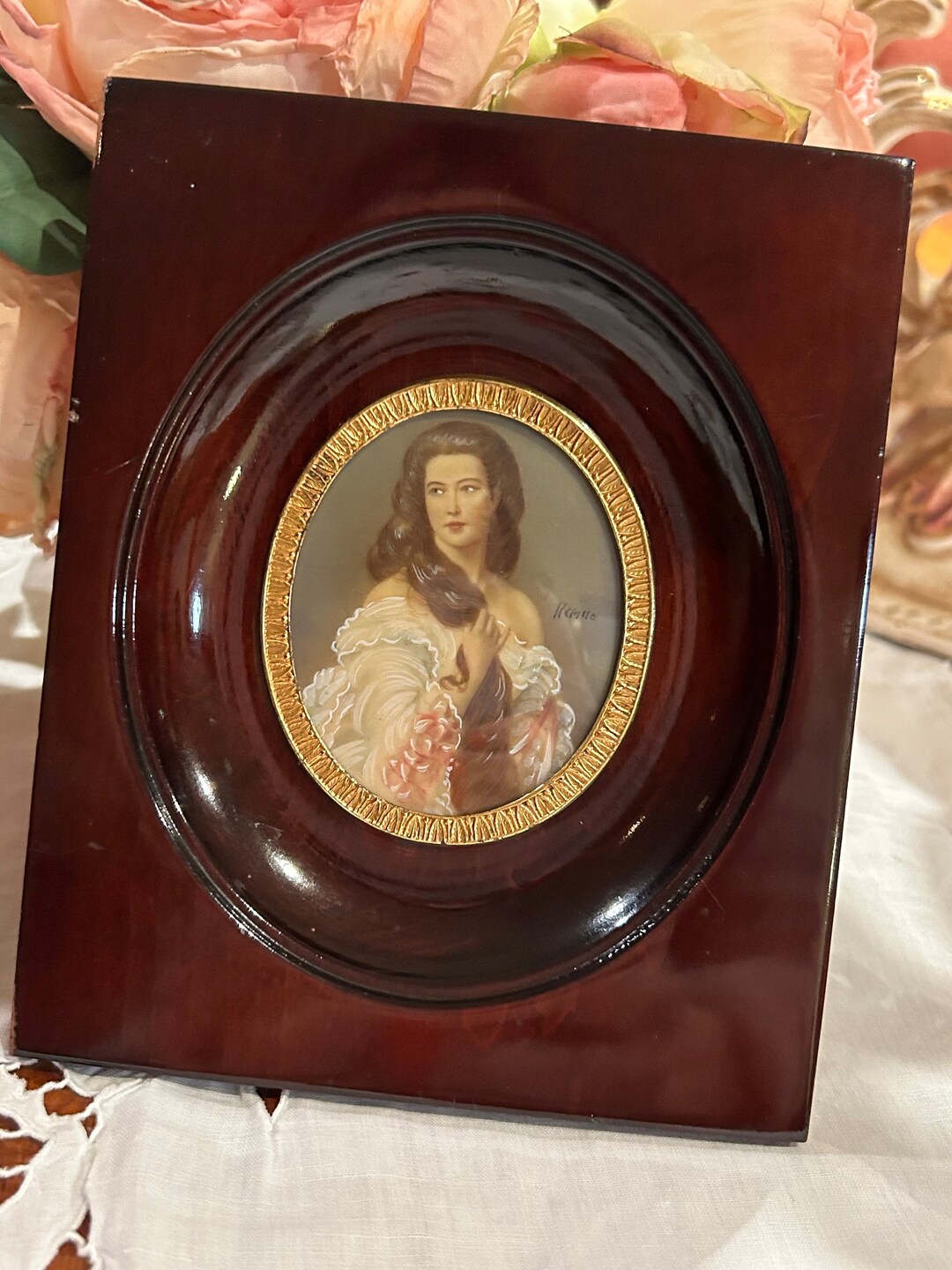 French Vintage Miniature Portrait Handpainted on Ivory in Wooden Frame ...