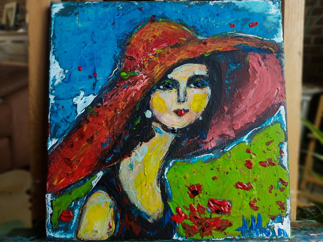 Painting Lady in Red Hat,ameliamoonart Original Art Modern ART Acrilic ...