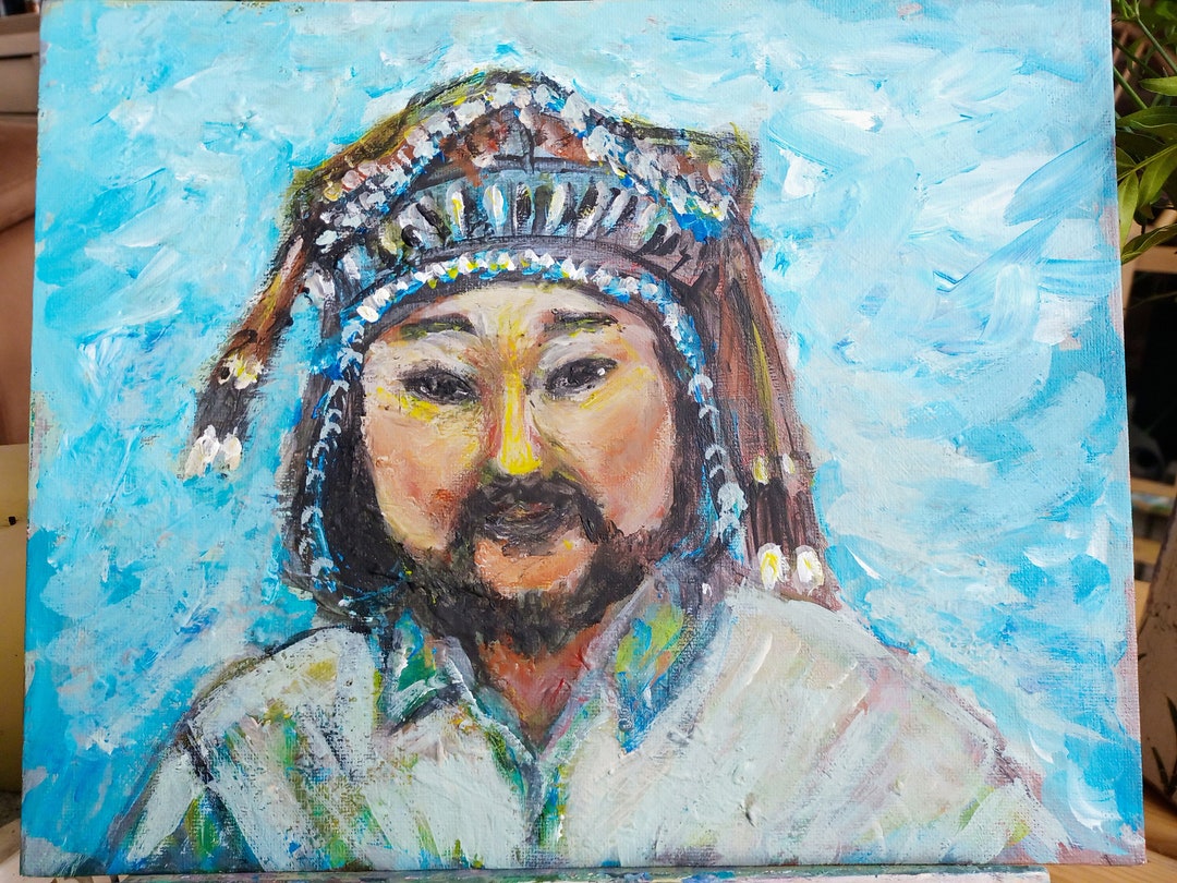 Asian Man in a Hat Painting, Portrait of the Artist Bato. - Etsy