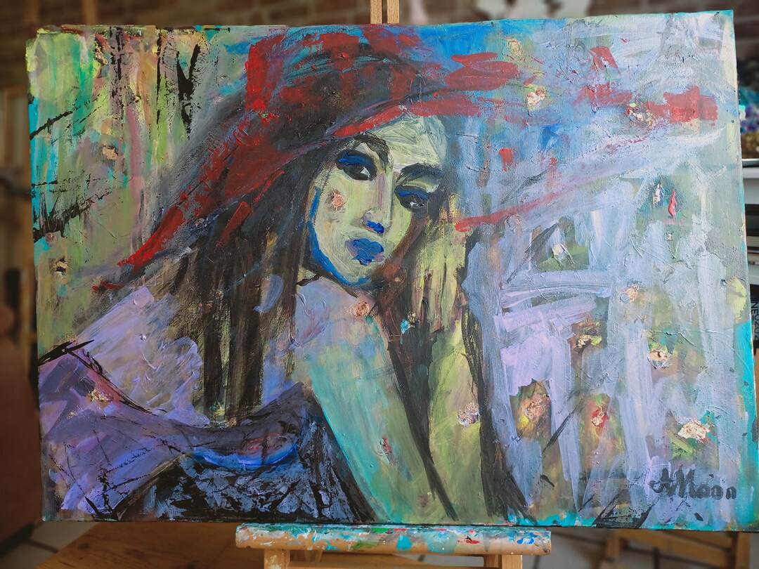 Lady in Red Hat Art Work Painting Original Art Paris Love Modern Art ...