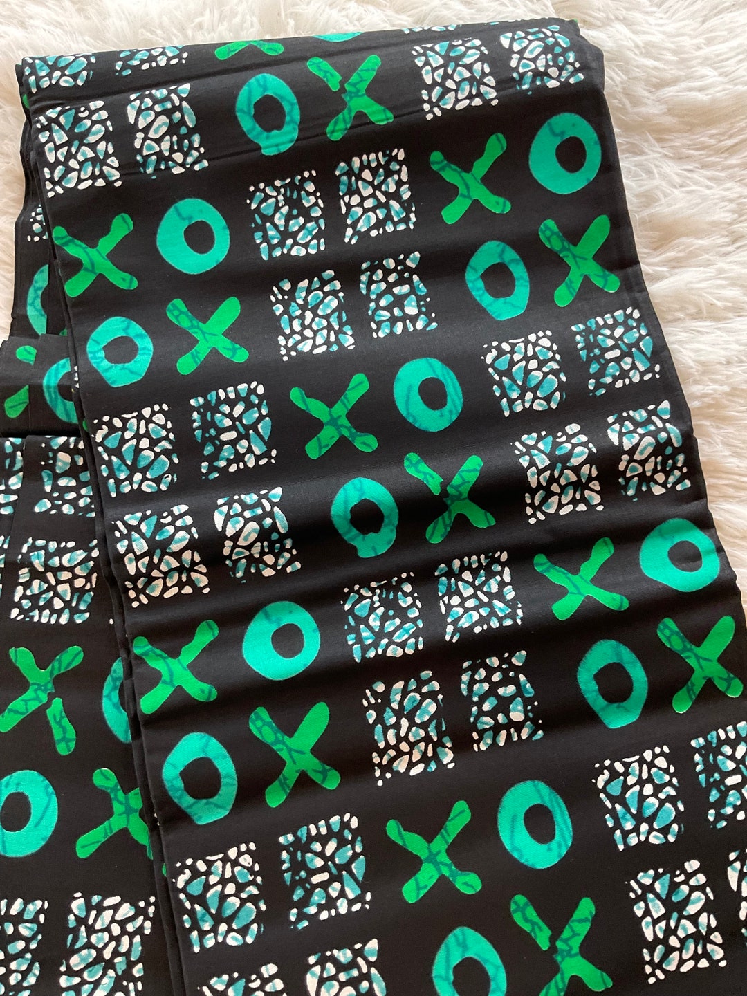 African Fabric/ankara Black Green Teal Square Print/african Clothing ...