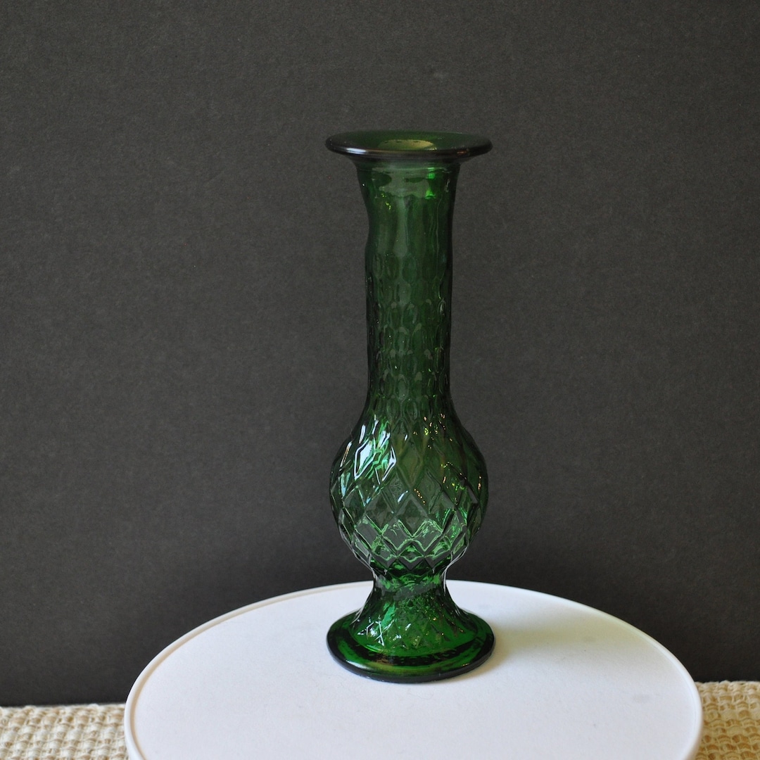 Vintage EB Brody Green Glass Flower Vase Diamondpattern - Etsy