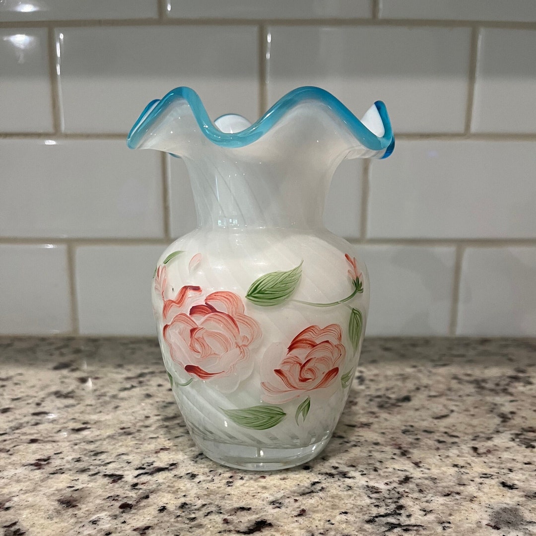 Fenton Teleflora Swirl Art Glass Vase Aqua Crest Rim & Handpainted ...