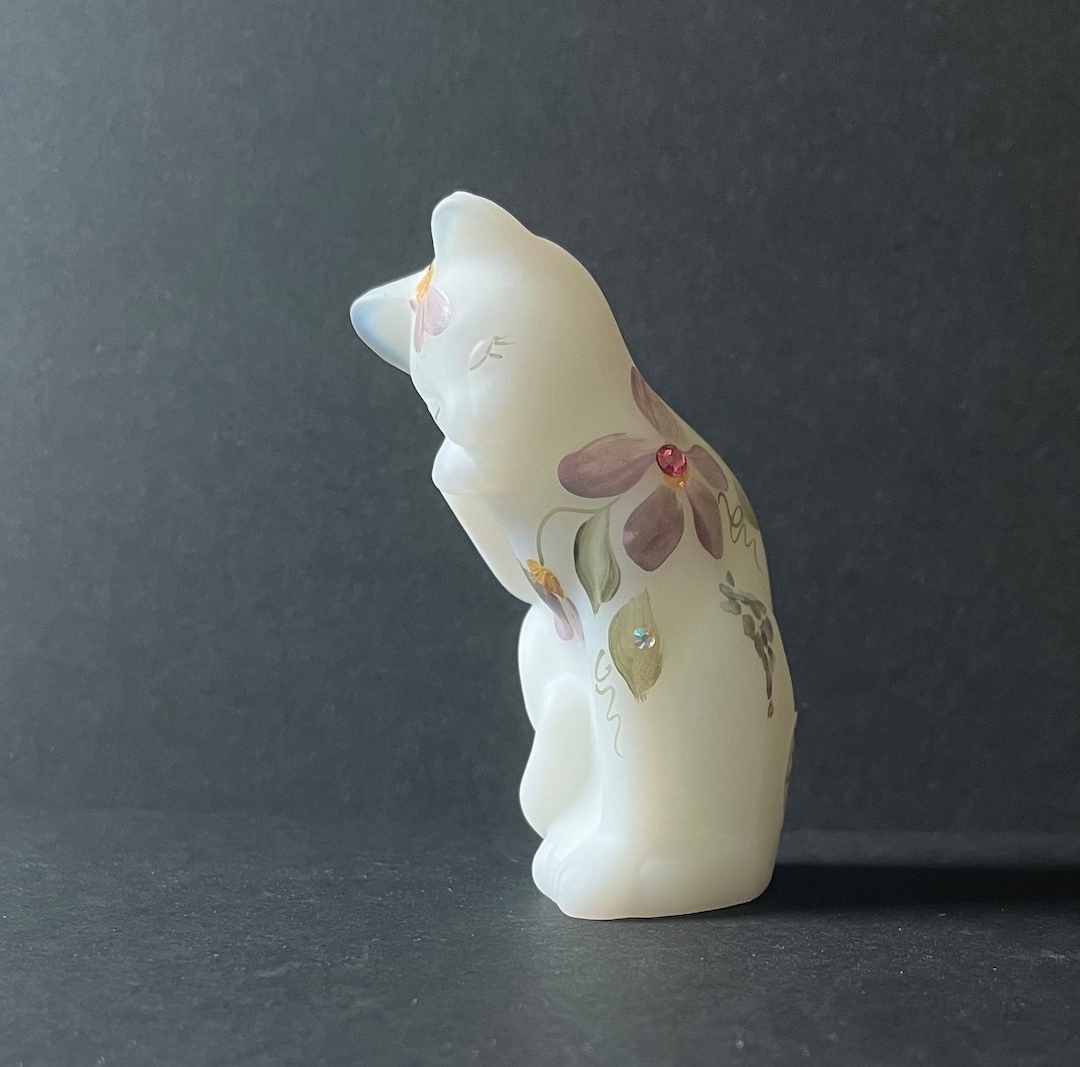 Vintage Fenton Dew Drop Garden Cat Floral Design Custard Glass With ...