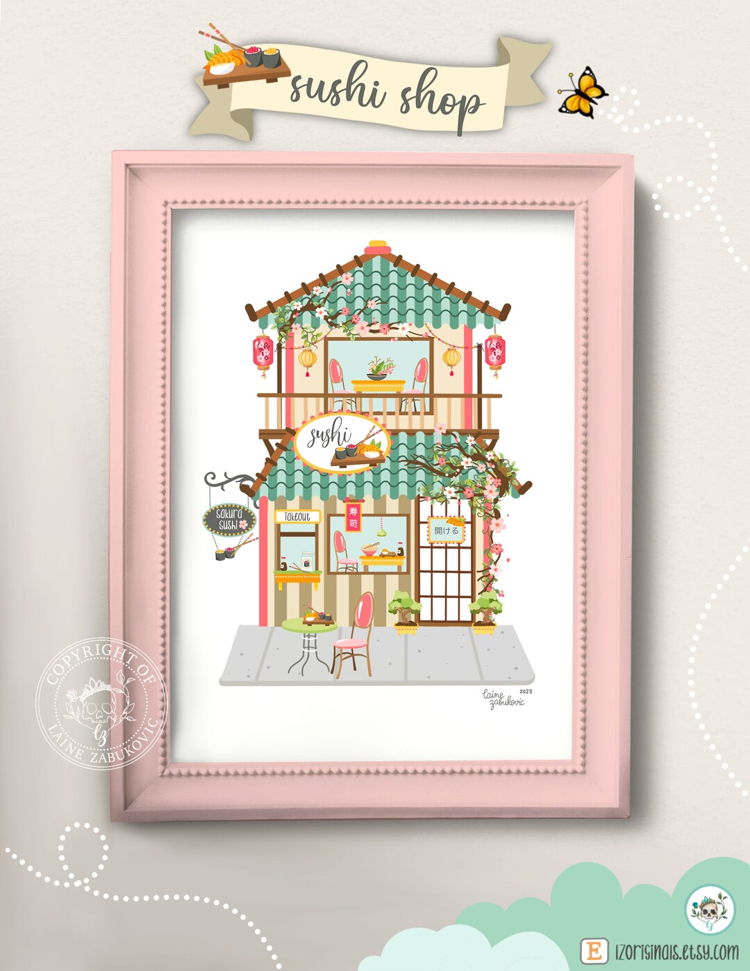 Mulberry Sakura Sushi Art Print, Japanese Food Restaurant Art,asian ...