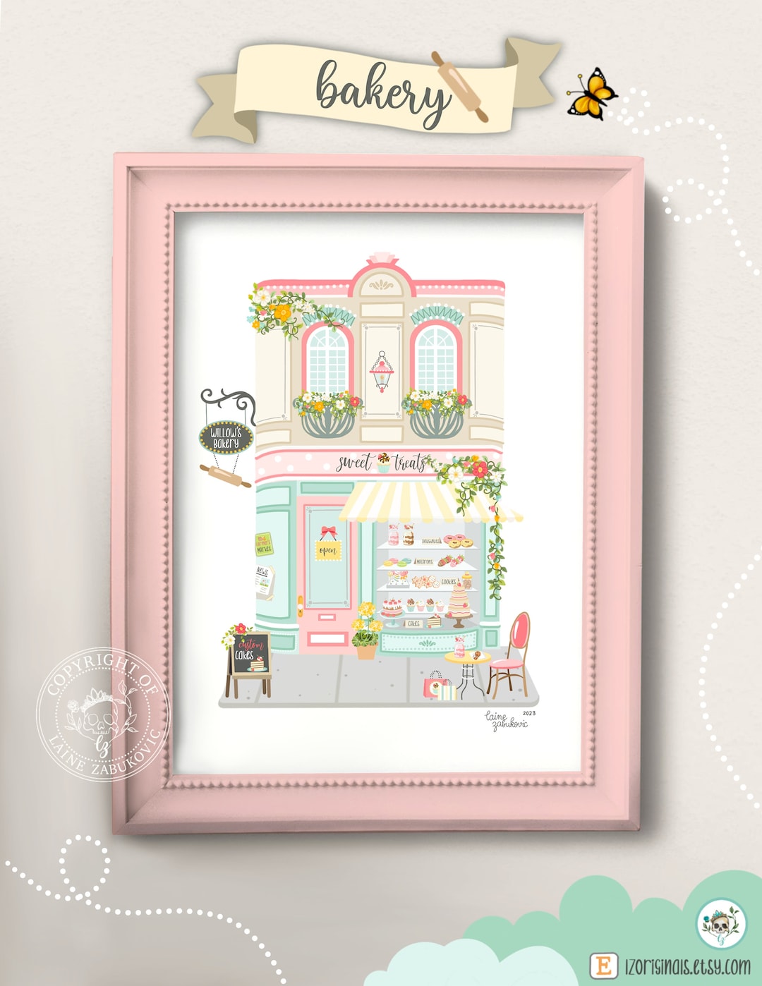 Mulberry Bakery Art Print, Sweet Shop Print, Blush Pink Kitchen Decor ...