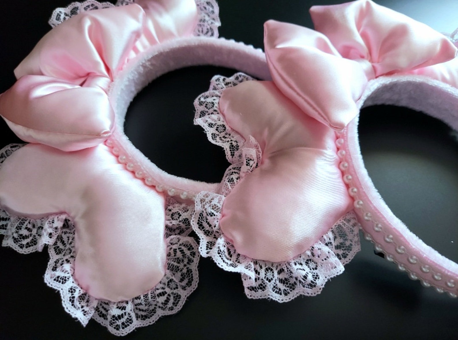 CRUSH Baby PINK Mouse EARS ~ Satin and Lace With Pearls - Etsy