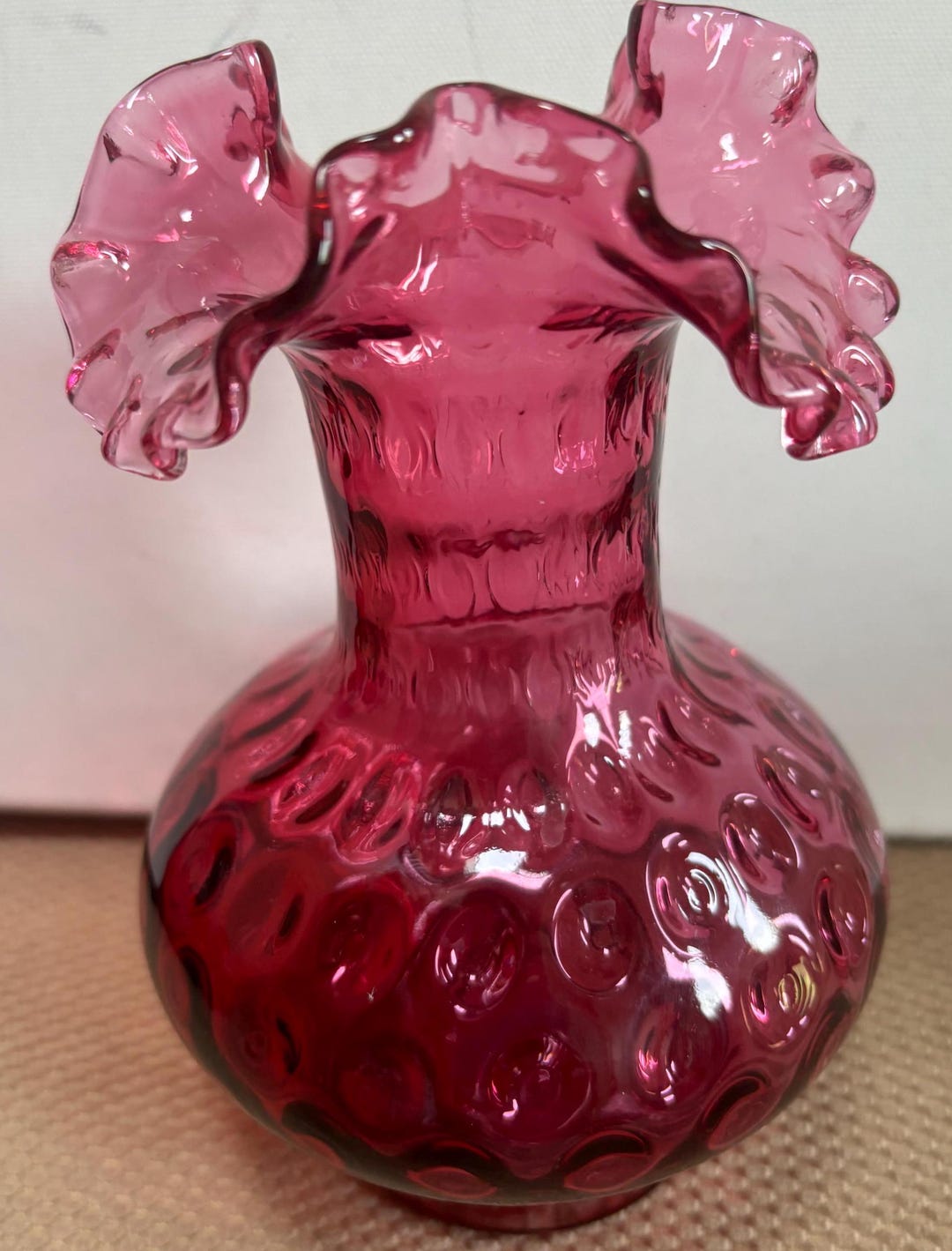 Vintage Fenton Cranberry Glass Vase Pink Ruffled Glass Art Pink Rose ...