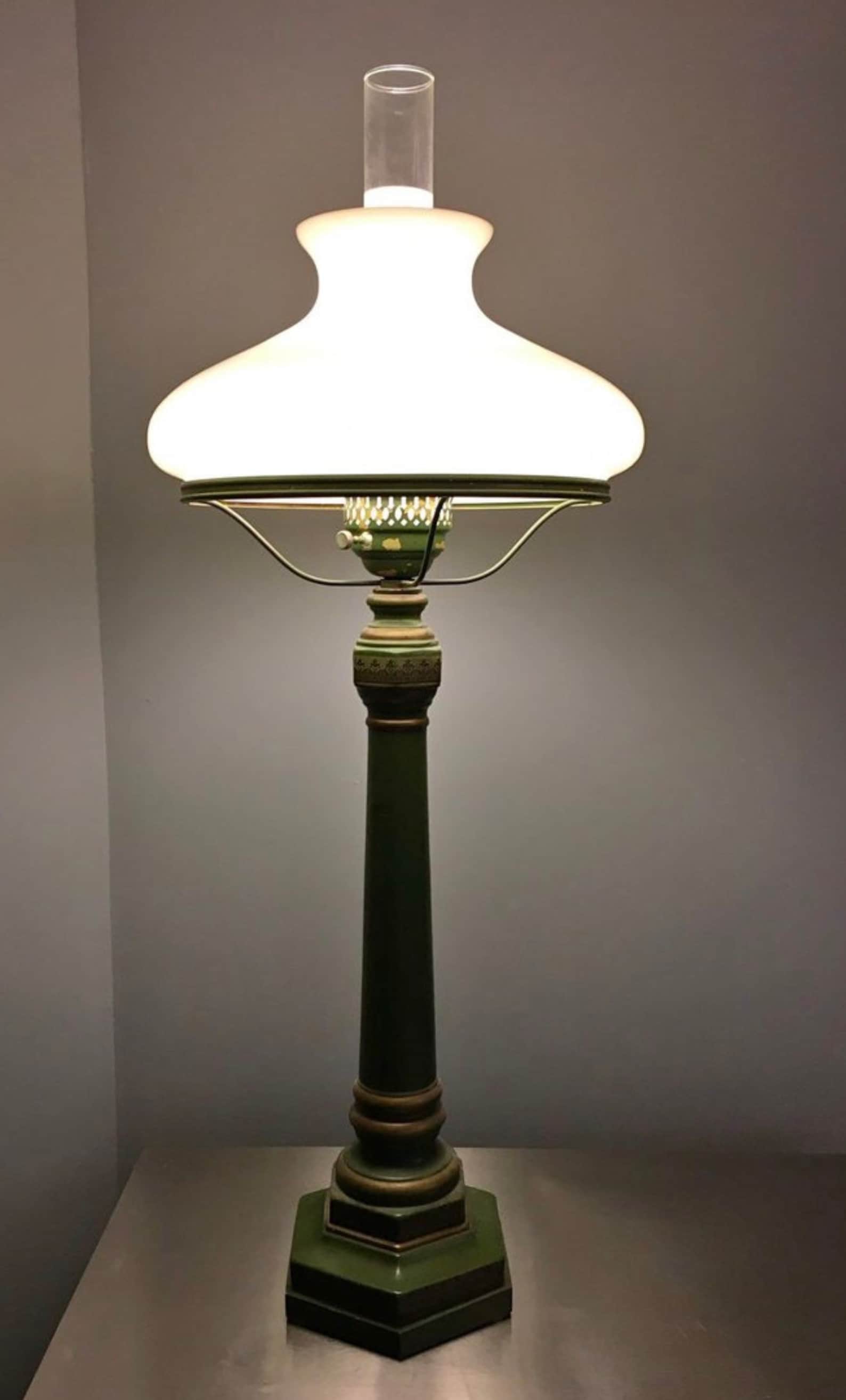 Vintage Green Library Lamp With Hurricane Globe & Milk Glass - Etsy