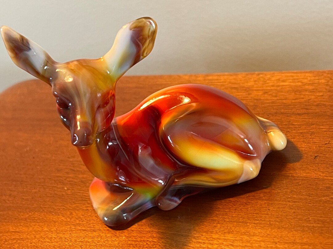 Vintage Fenton Fawn Deer Ruby Marble 1984 Special Order Satin Glass Art ...