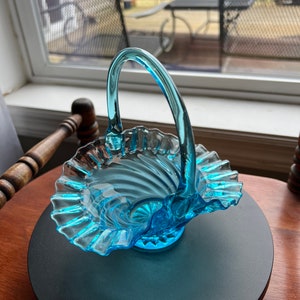 Vintage Blue Ruffled Basket, Fenton Art Glass, Candy Dish, Fancy Blue ...