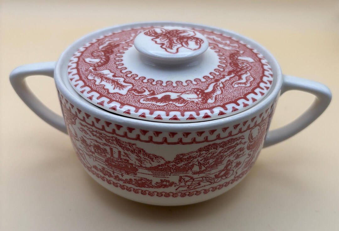 Vintage Red & White Sugar Bowl With Lid: Double Handle Dish - Etsy