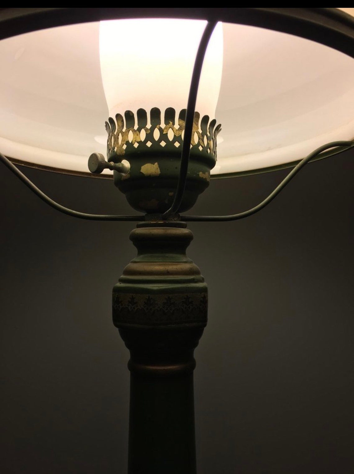 Vintage Green Library Lamp With Hurricane Globe & Milk Glass - Etsy