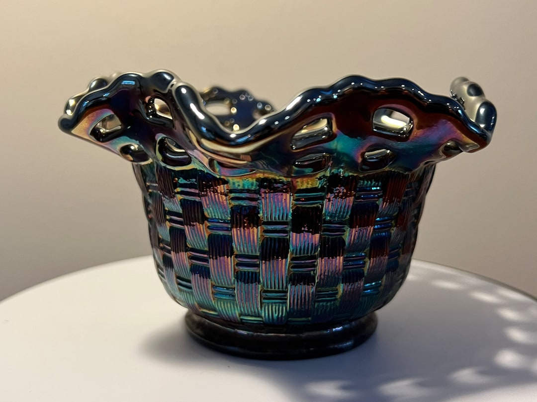 Vintage Fenton Iridescent Carnival Glass Wicker Woven Basket Bowl - Etsy