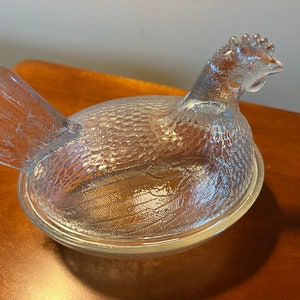 Vintage Glass Rooster on Nest Covered Dish Nesting Chicken Clear With ...