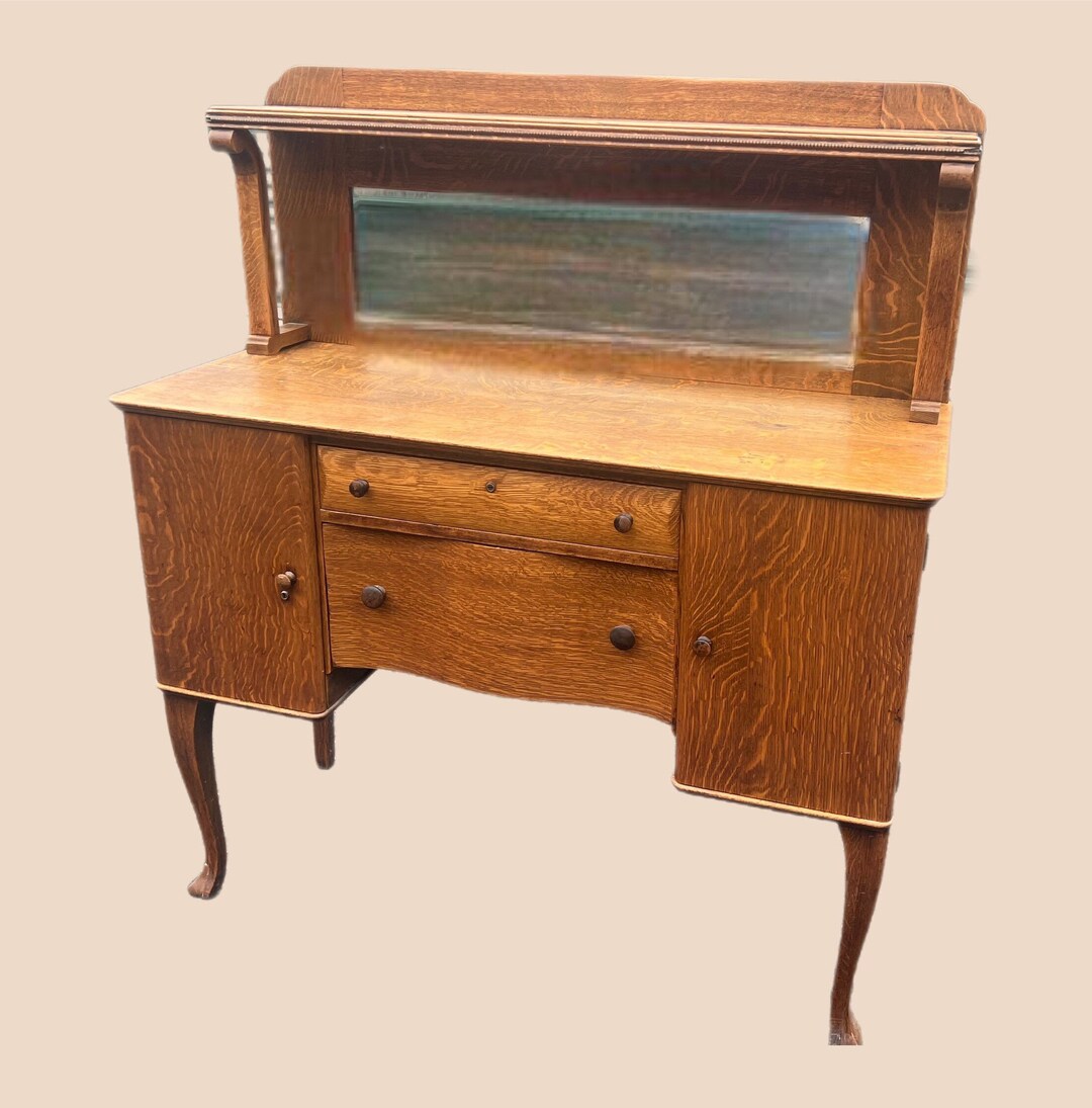 Antique Tiger Oak Buffet Cabinet Server With Mirror Stunning Show Piece ...