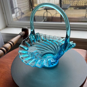 Vintage Blue Ruffled Basket, Fenton Art Glass, Candy Dish, Fancy Blue ...