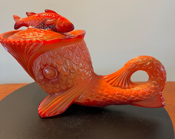 Vintage Red Slag Orange Summit Art Glass Fish Dolphin Fisherman Candy ...