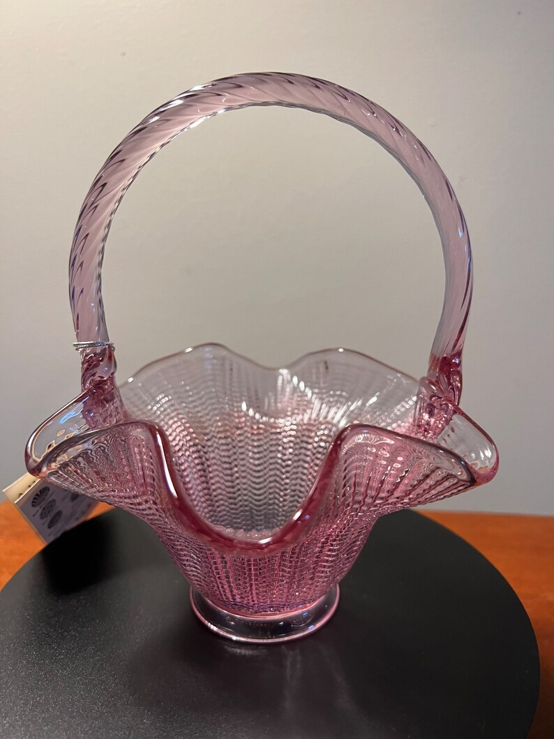 Vintage Fenton Cranberry Ruffled Basket With Handle With Tags Pink ...