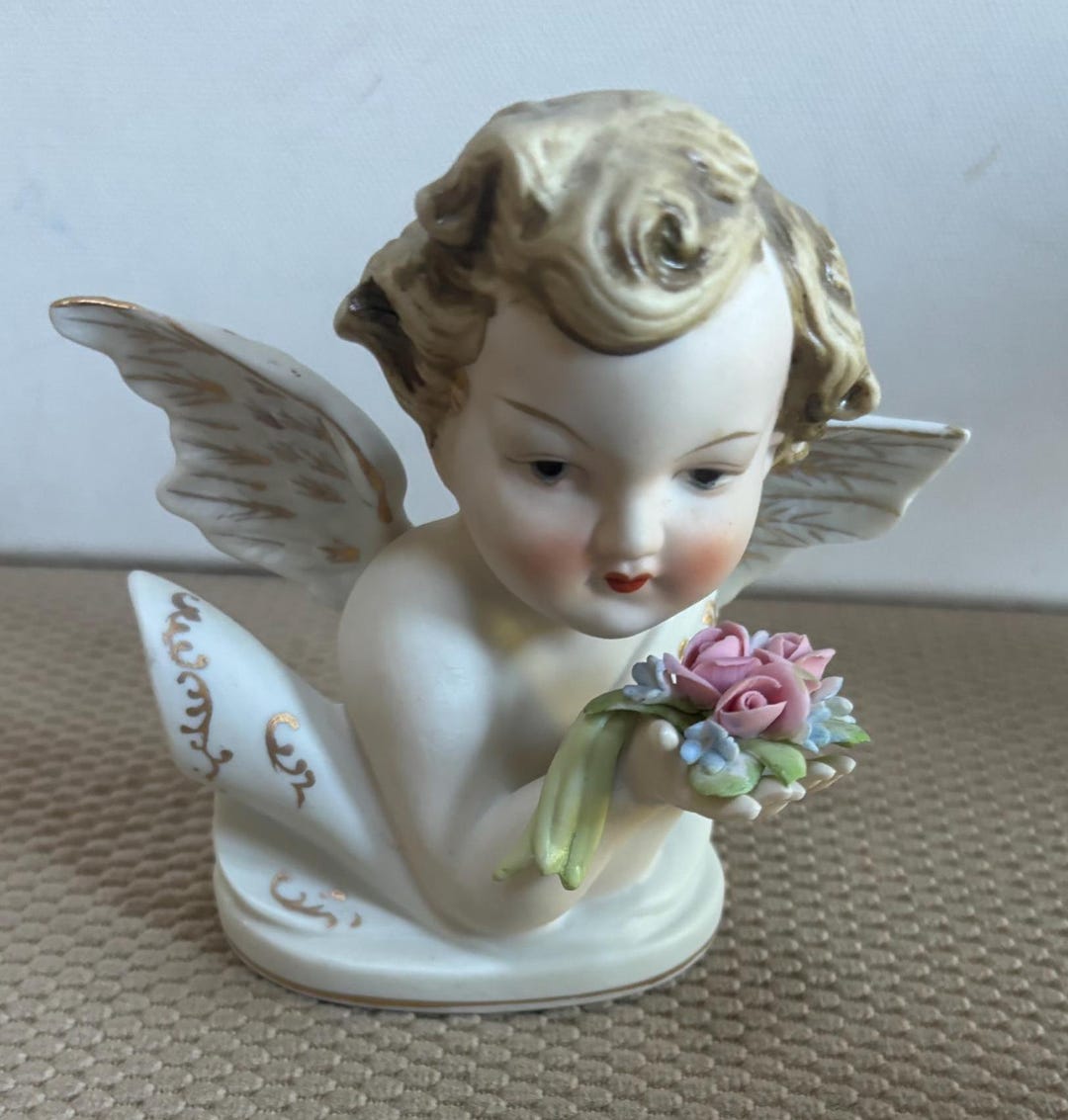 Vintage Lefton Cherub Holding Flowers Hand Painted Porcelain Angel ...
