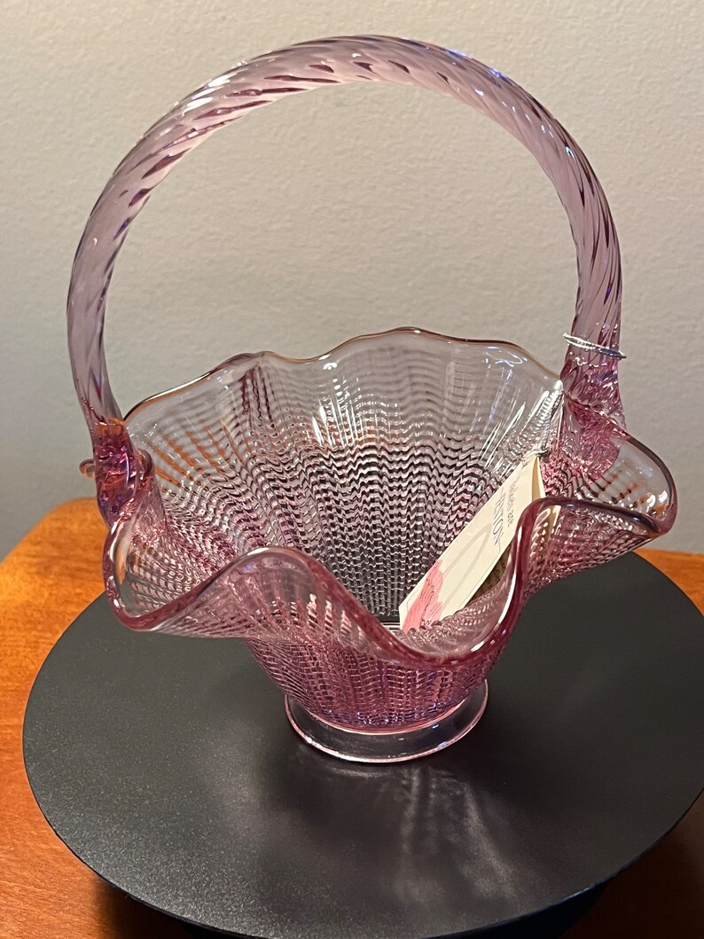 Vintage Fenton Cranberry Ruffled Basket With Handle With Tags Pink ...