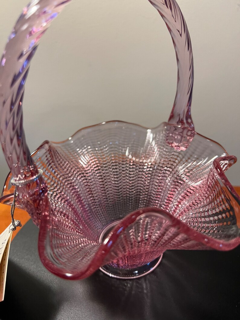 Vintage Fenton Cranberry Ruffled Basket With Handle With Tags Pink ...