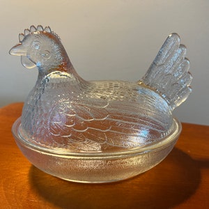 Vintage Glass Rooster on Nest Covered Dish Nesting Chicken Clear With ...