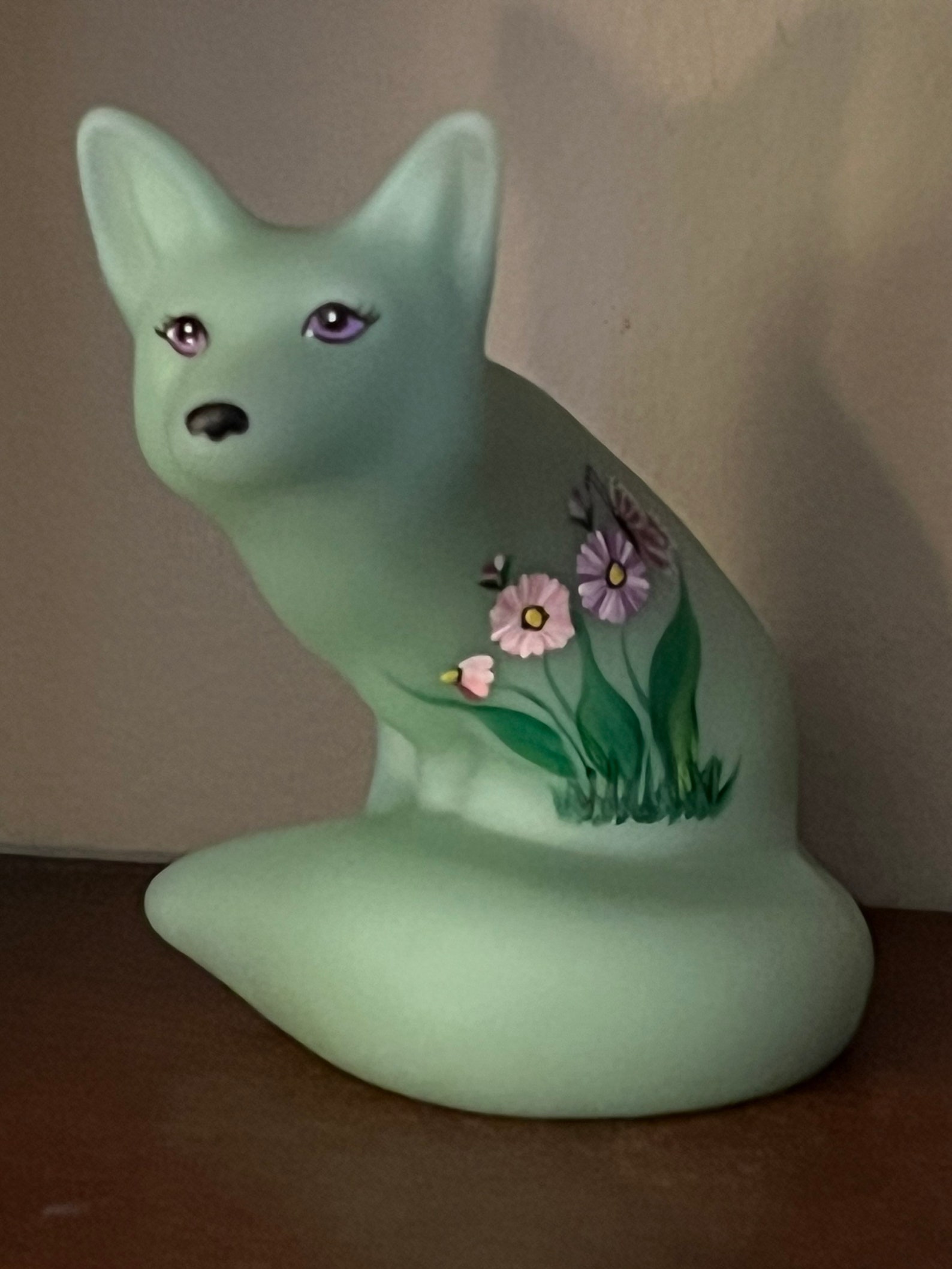 Fenton Green Hand Painted Fox Signed Lisa Van Es Art Glass, Painted ...