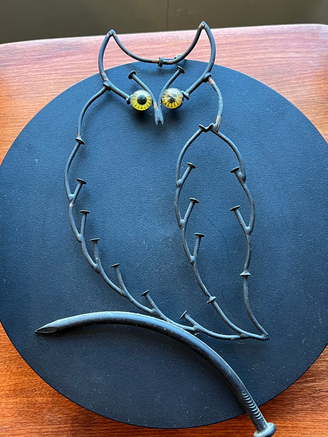 Vintage Wrought Iron Owl on a Nail Branch, Metal Owl With Yellow Eyes ...