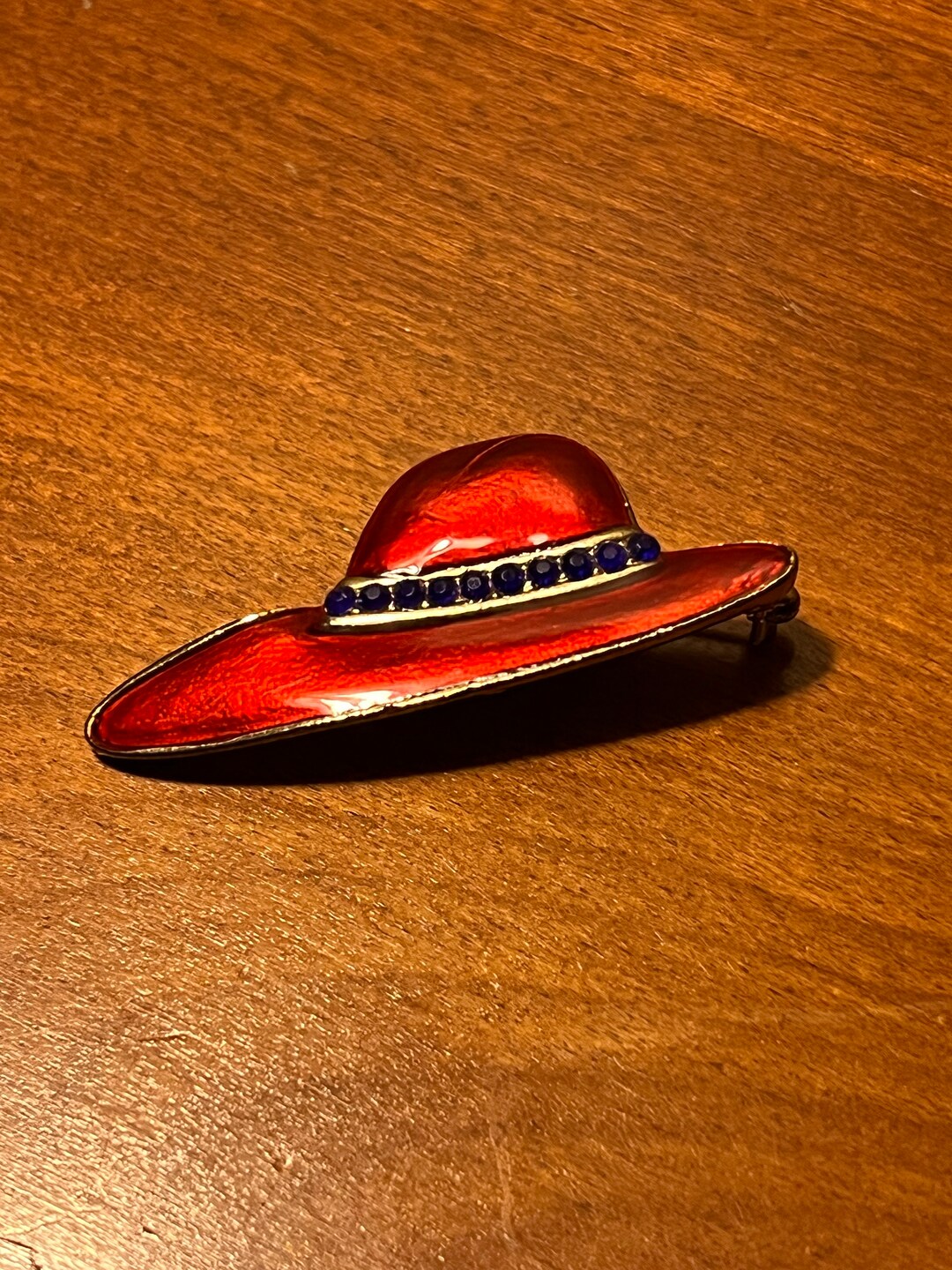 Vintage Red Hat Enamel Brooch Pin Jewelry Mid Century Modern 18k Gold