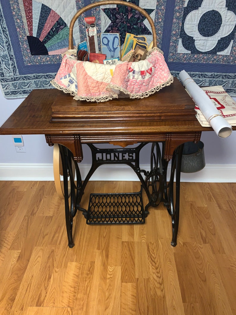 Antique Victorian Oak Desk Vanity Sewing Machine With Jones Cast Iron ...