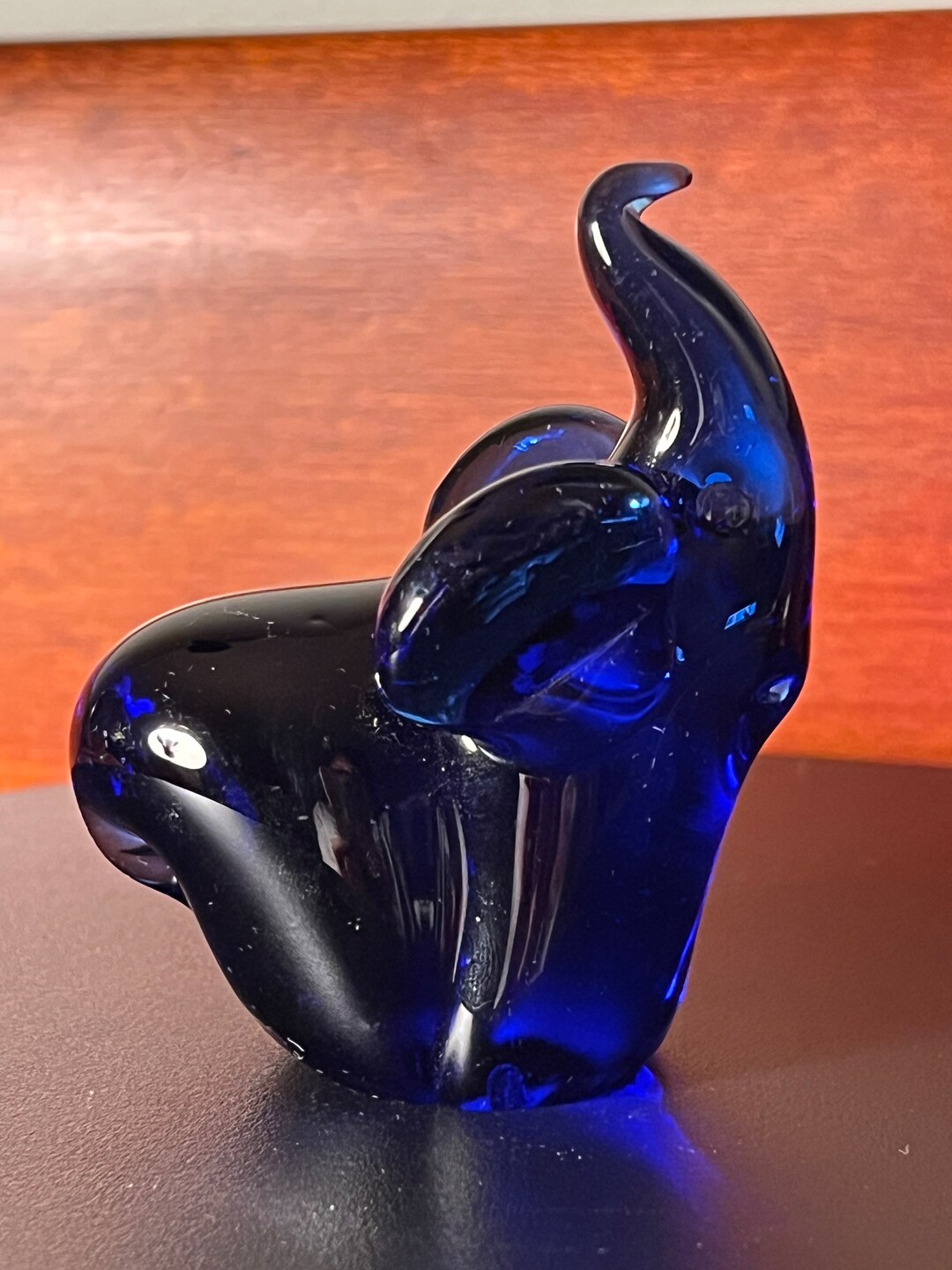 Vintage Cobalt Blue Glass Elephant, Lucky Elephant With Its Trunk Up ...