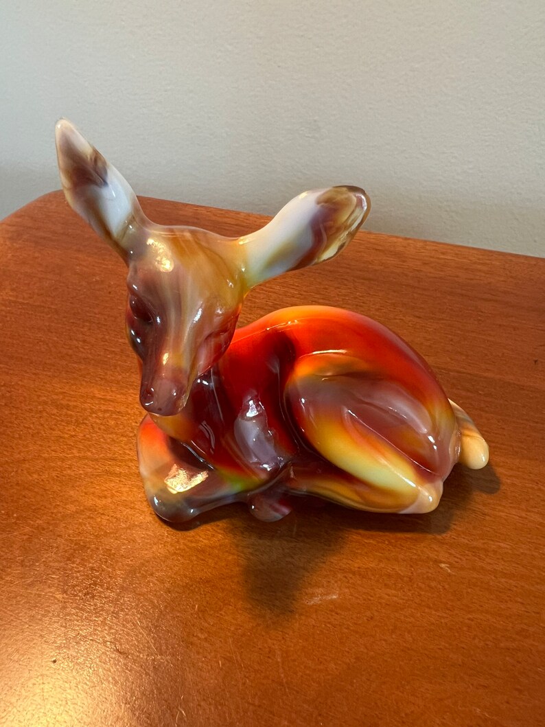 Vintage Fenton Fawn Deer Ruby Marble 1984 Special Order Satin Glass Art ...