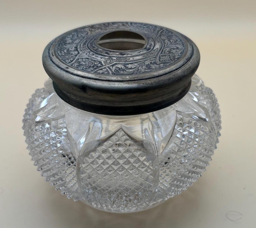 Antique Victorian Cut Crystal Hair Receiver Jar Sterling Silver Lid ...