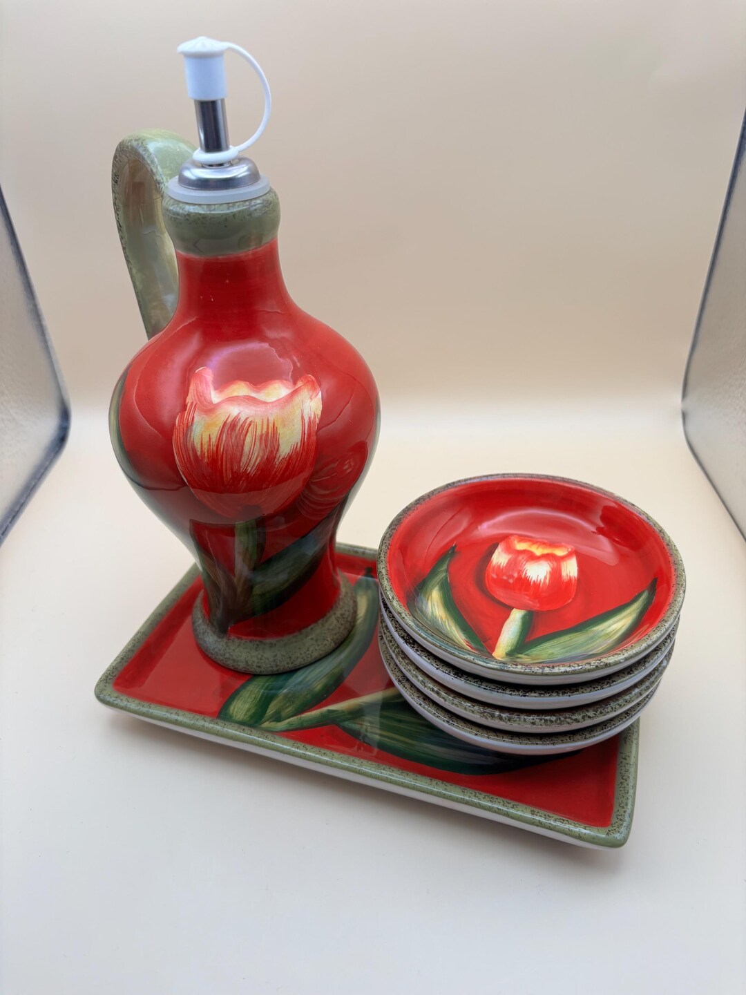 Vintage Tulip Oil Dispenser With Stopper Dipping Plates and Tray Hand ...