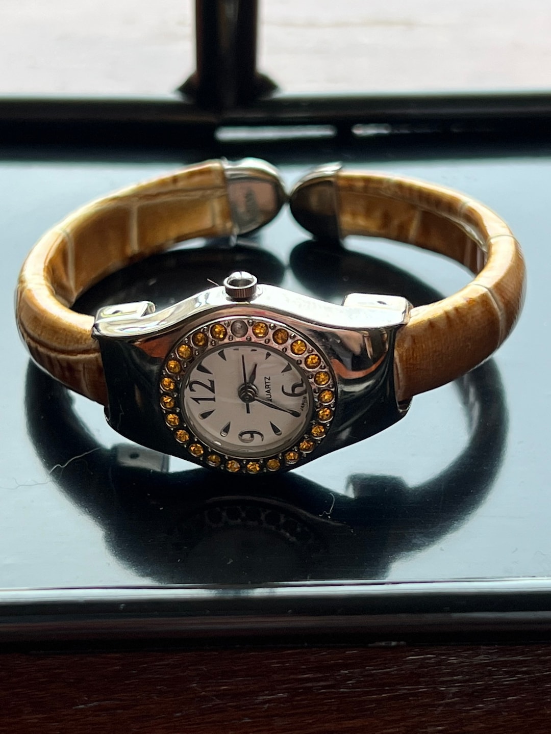 Vintage Women’s Silver & Amber Orange Gemmed Bangle Watch Mid Century ...