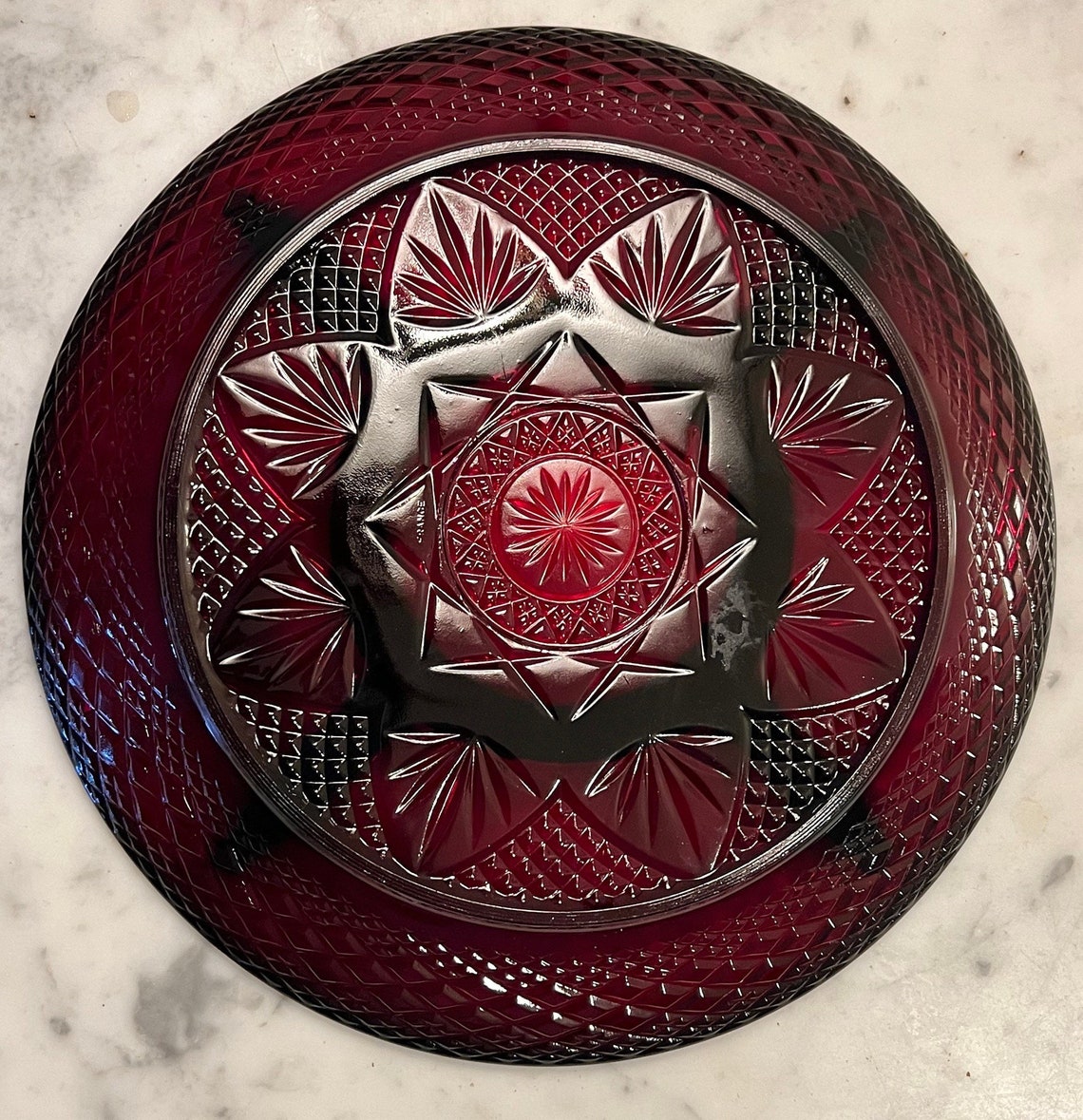 Vintage Ruby Red Pressed Glass Divided Plate Server 8” Art Glass Plate ...