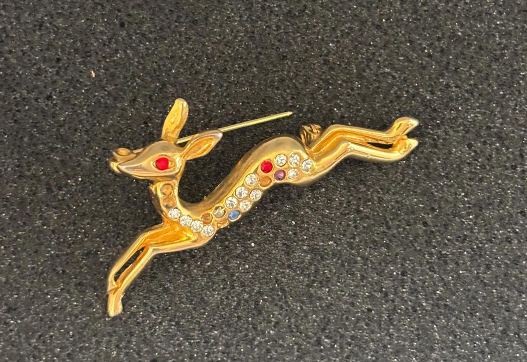 Vintage Deer Pin Gold With Colored Rhinestones Lover Antiques and ...