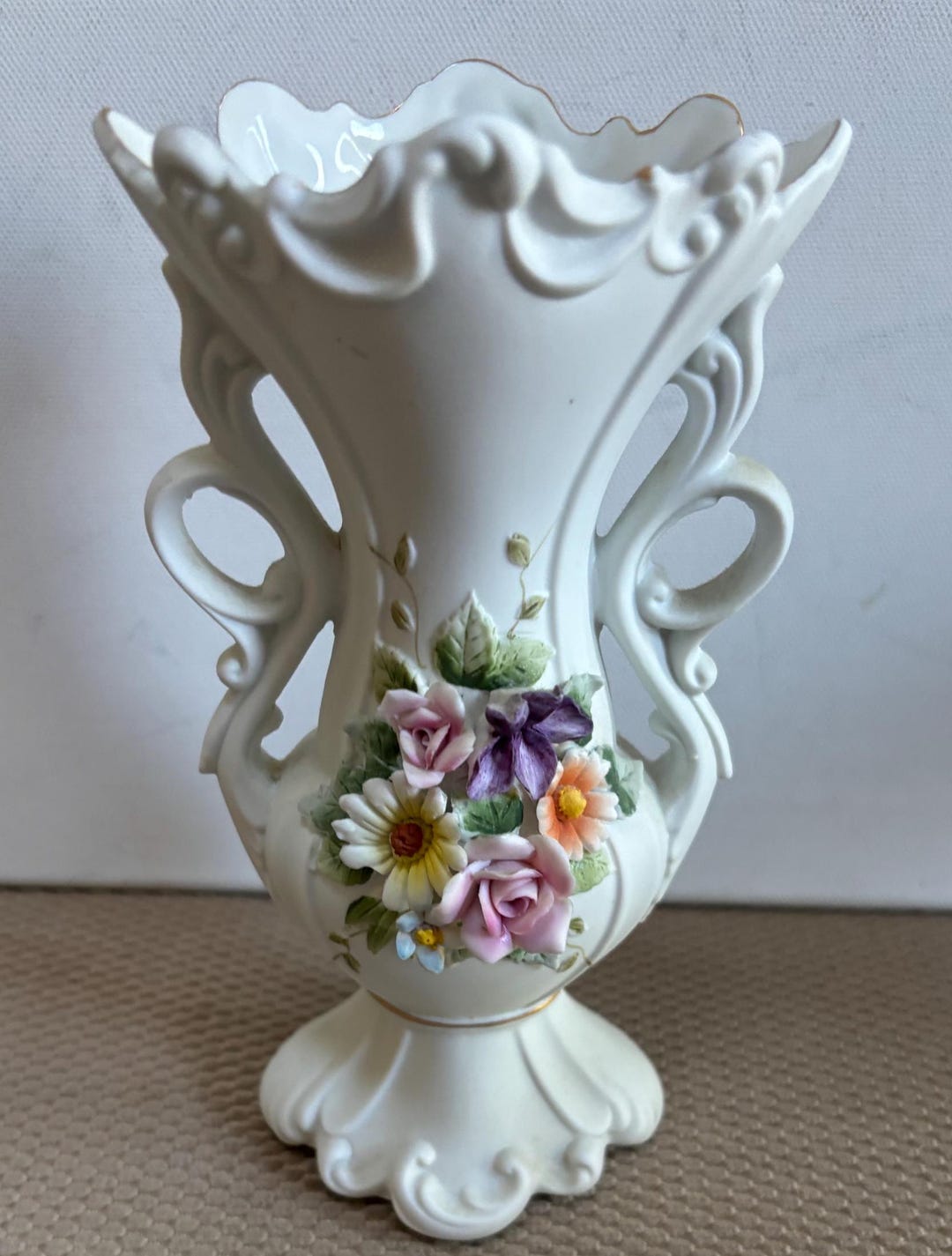 Vintage Lefton Vase With Double Handles Capodimonte Roses Hand Painted ...
