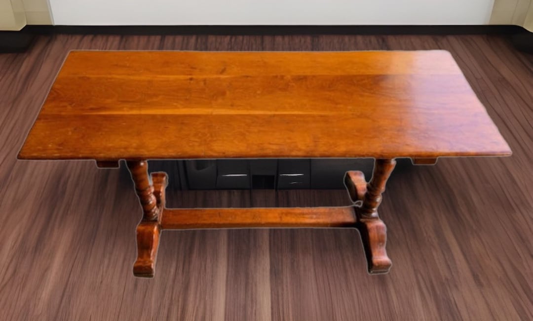 Antique Maple Library Table, Trestle Wood Desk, Rustic Vintage Library ...