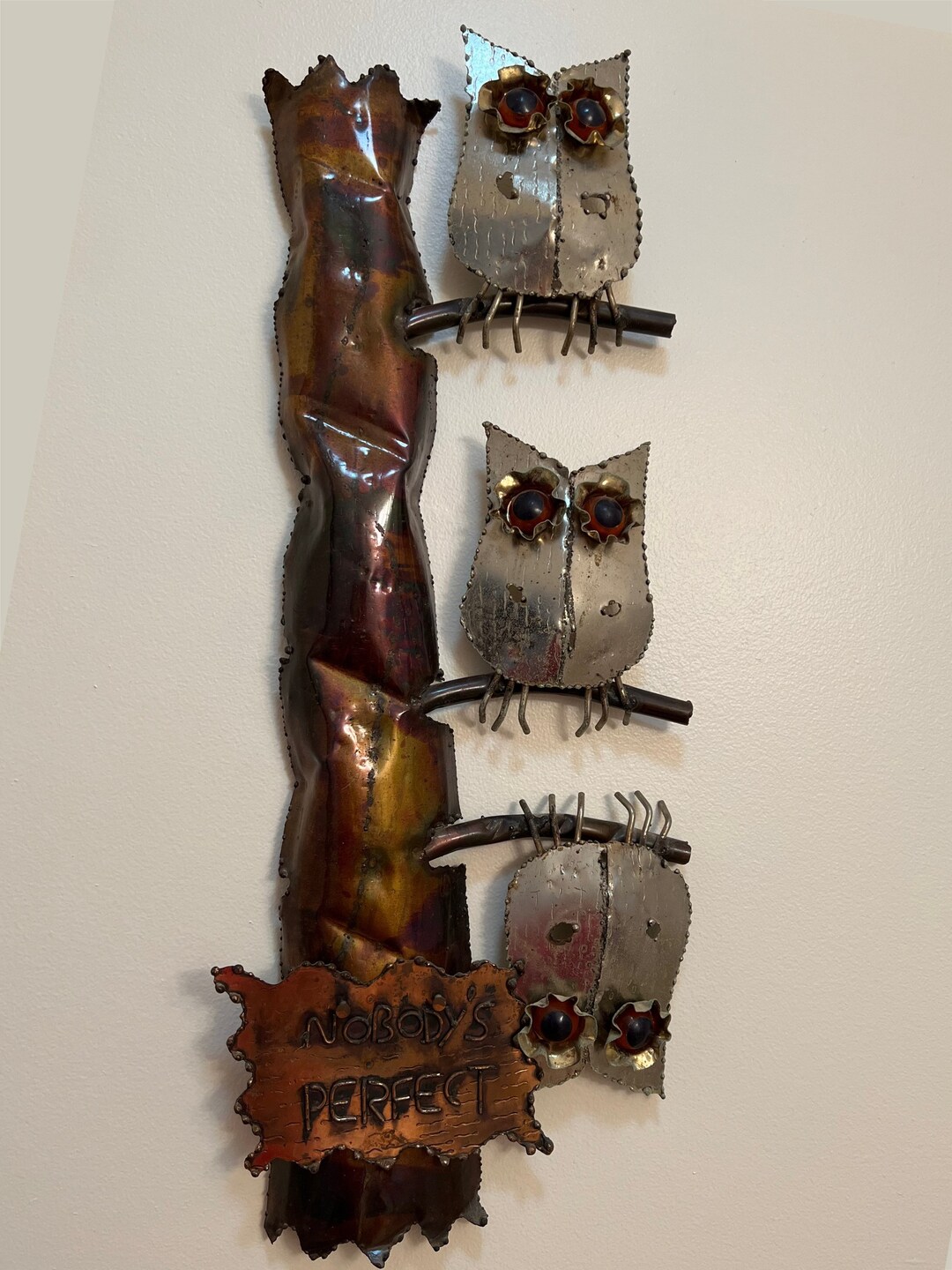 Vintage Owl Metal Wall Hanging Art Nobodys Perfect Marble Eyes on Owls ...