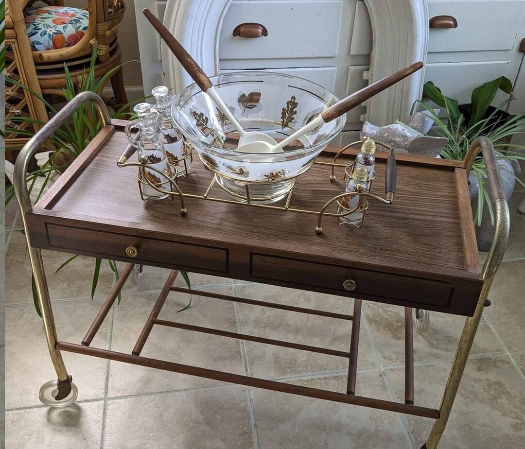 Vintage Libby Frosted Gold Leaves Leaf Salad Bowl Set With Brass Carrier Bar Cart Accessories ...