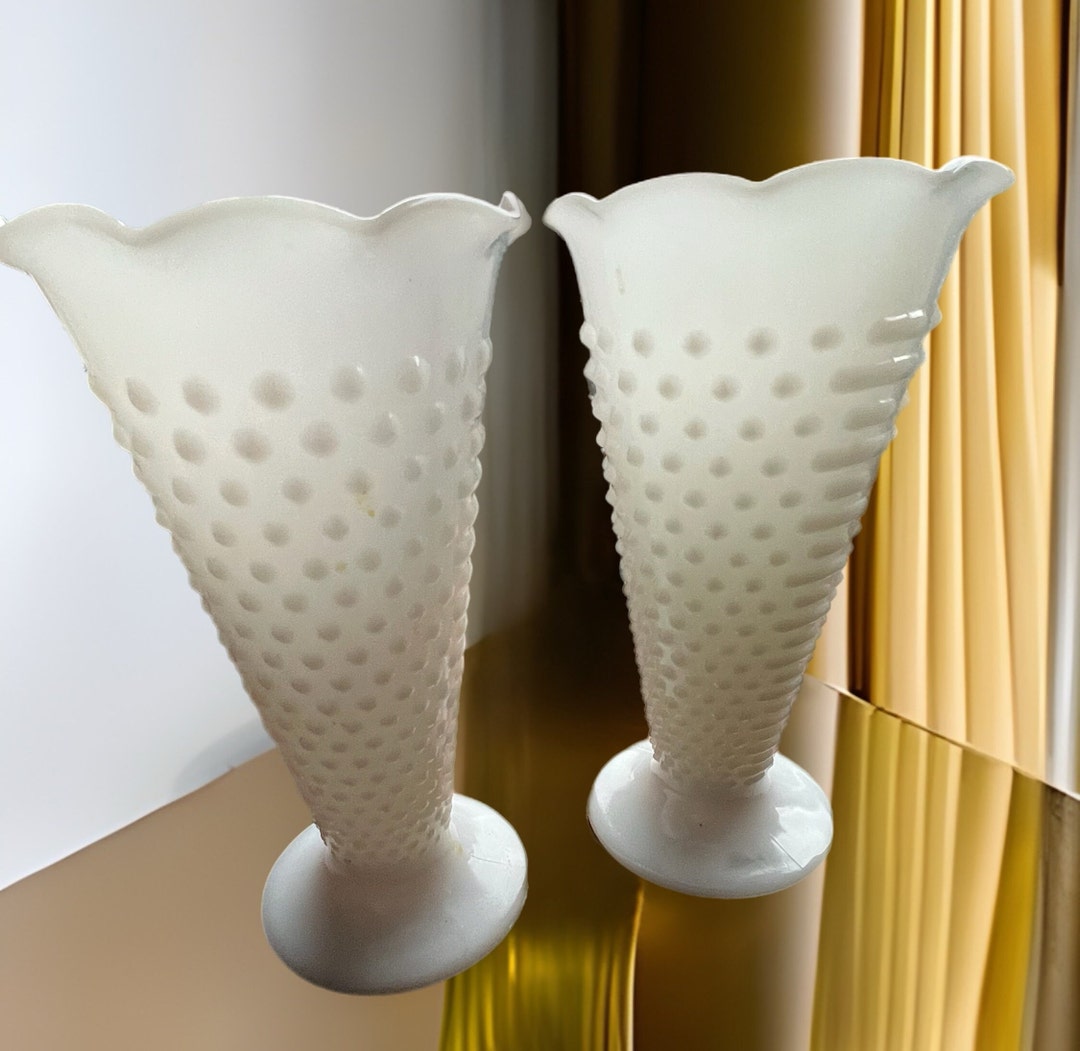 Vintage Hobnail White Ruffled Vase, Pair of White Milk Glass Vases ...