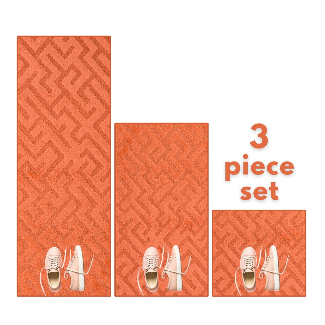 Terracotta Orange Kitchen Rug Set of 3 | Washable & Non-slip Rubber ...