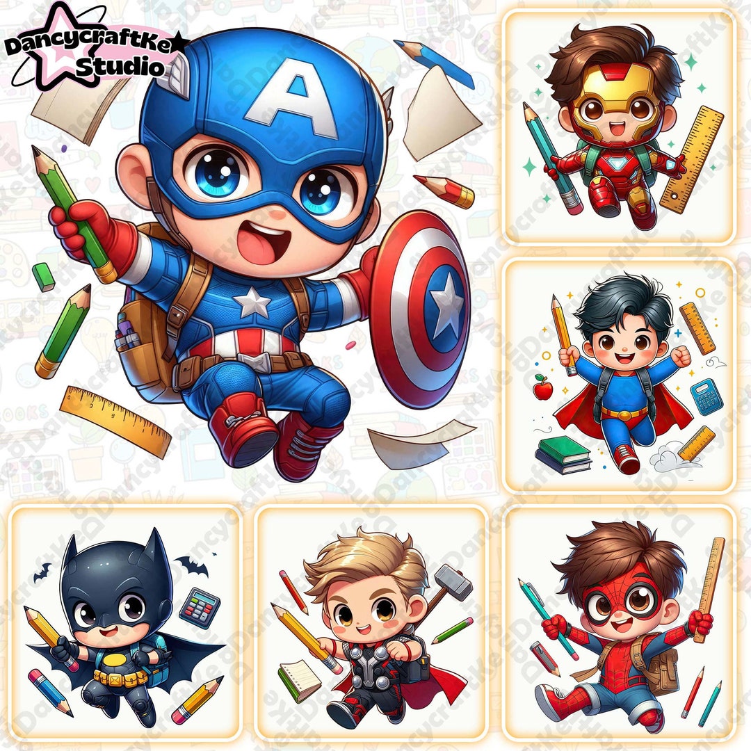 5 Cartoon New School Year Png Bundle, Superhero Back to School Png ...