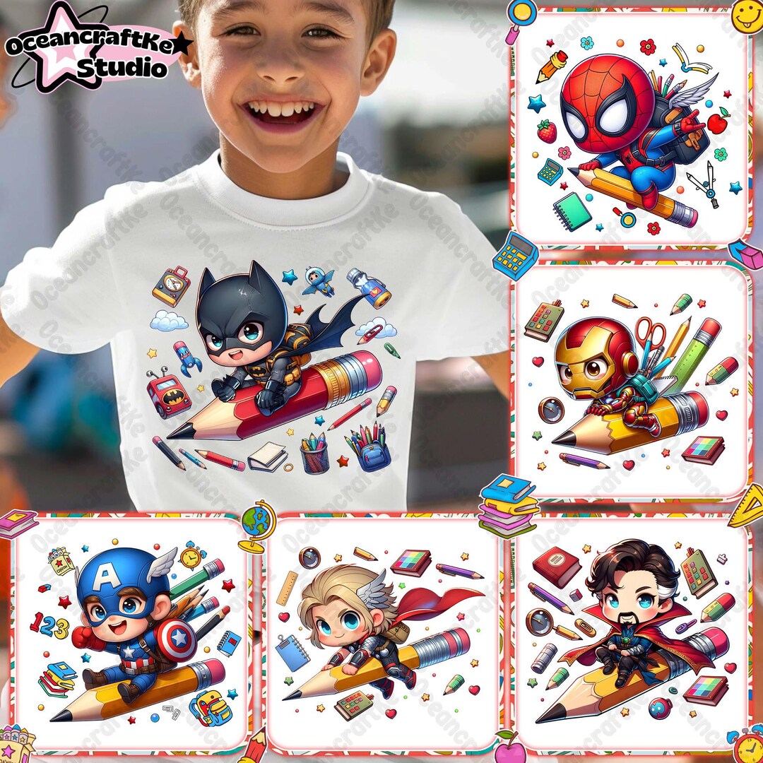 5 Cartoon Superhero Back to School Png Bundle, Funny Cartoon Png ...