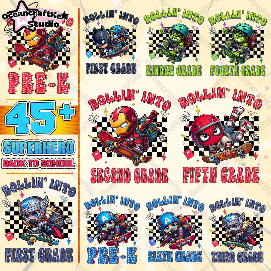 45 BUNDLE Back to School Png Bundle, Superhero Rollin' Into School ...