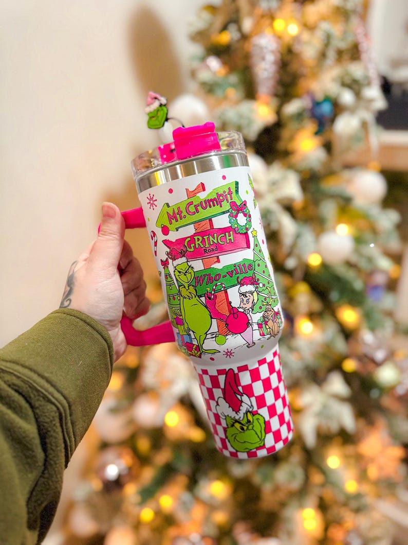 40oz Christmas Tumbler, Green Guy Tumbler, Grinch Stanley Cup, Pink ...
