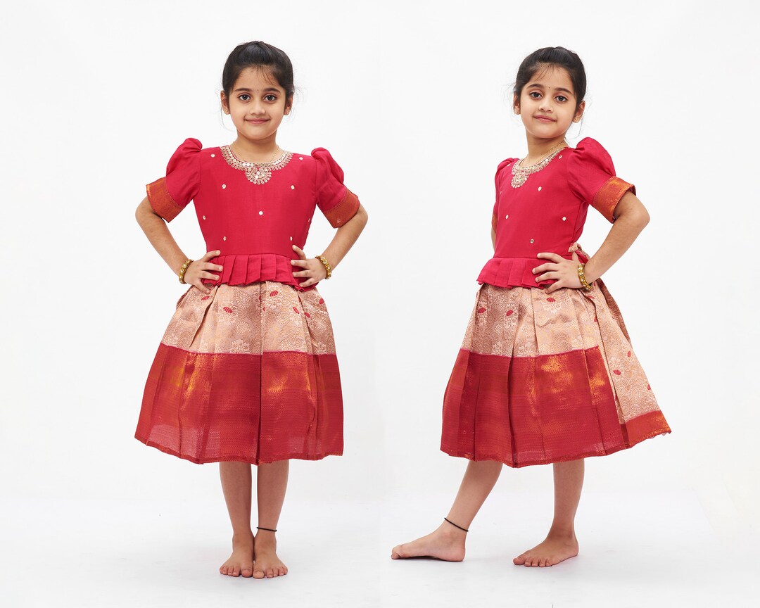 Regal Ruby Silk Frock With Embellished Golden Border for Girls - Etsy