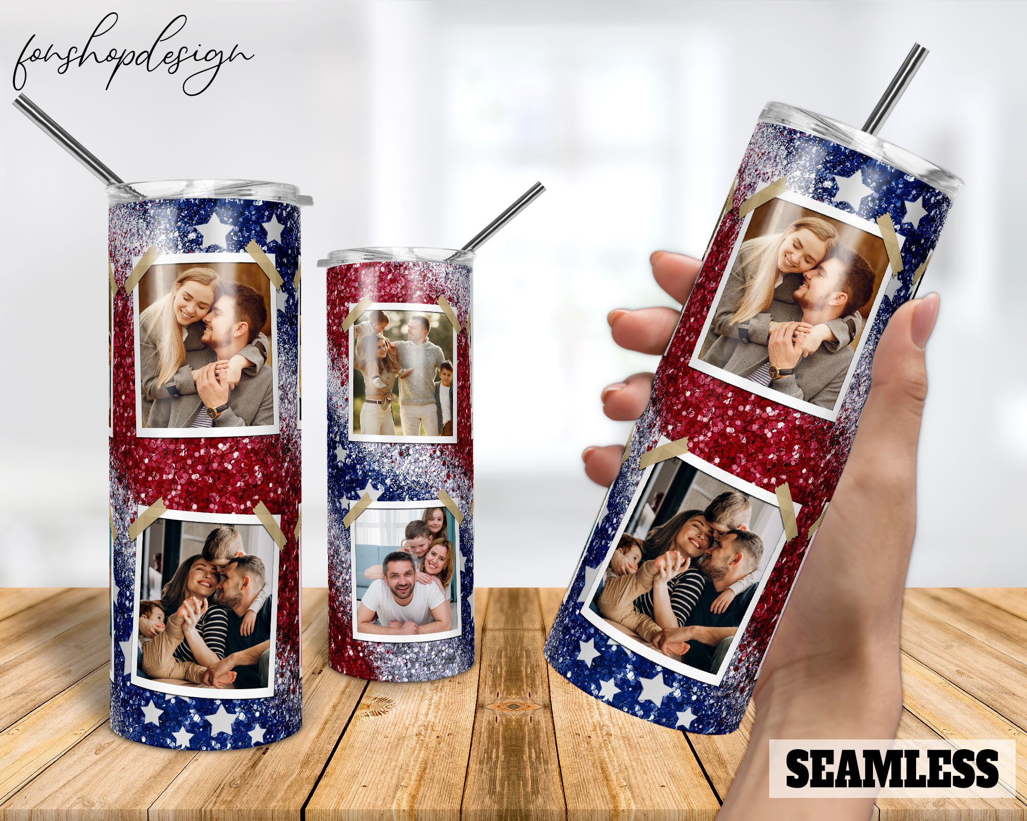 Red White Blue Glitter Photo Frame 20oz Skinny Tapered & Straight ...